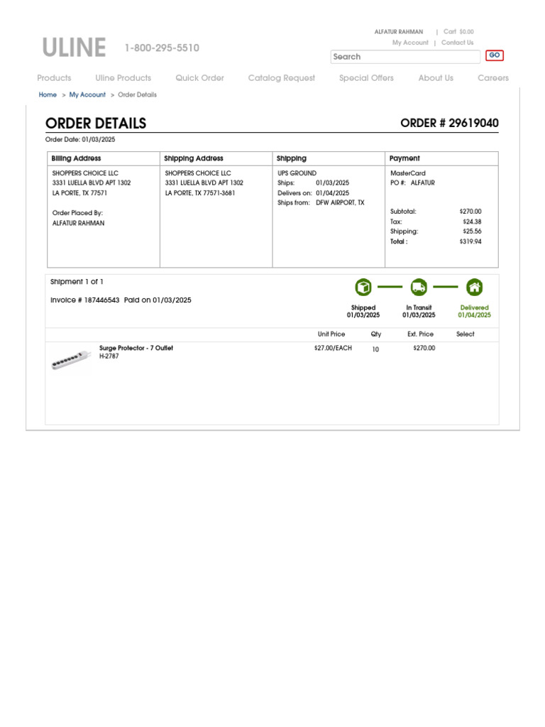 Uline Order Summary for Surge Protectors | PDF