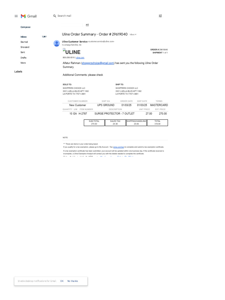 Uline Order Summary - Order # 29619040 | PDF | Computing | Software
