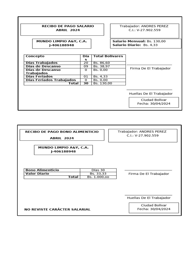 Recibo de Pago y Bono de Alimentacion Abril 2024 Andres Perez | PDF