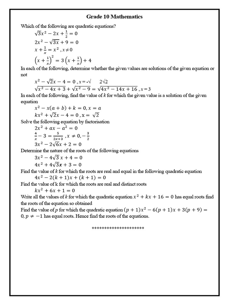 Quadratic Equations in Grade 10 Math | PDF