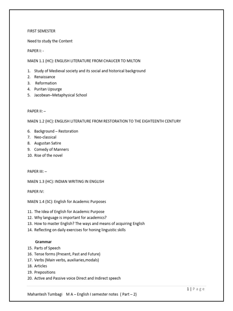MA English 1st Semester Study Notes | PDF | Renaissance | Puritans