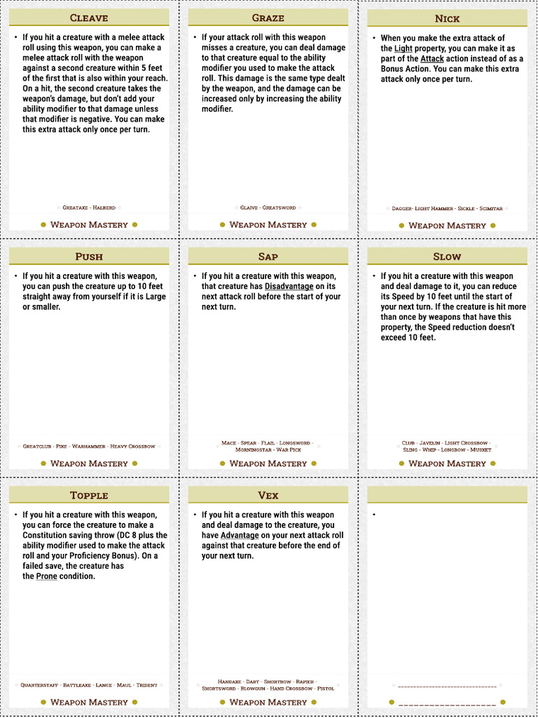 D&D Weapon Mastery Properties Guide | PDF | Melee Weapons | Personal ...
