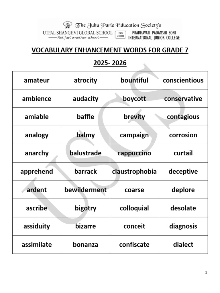 Vocabulary Words List - Grade 7 - 2025 26 | PDF