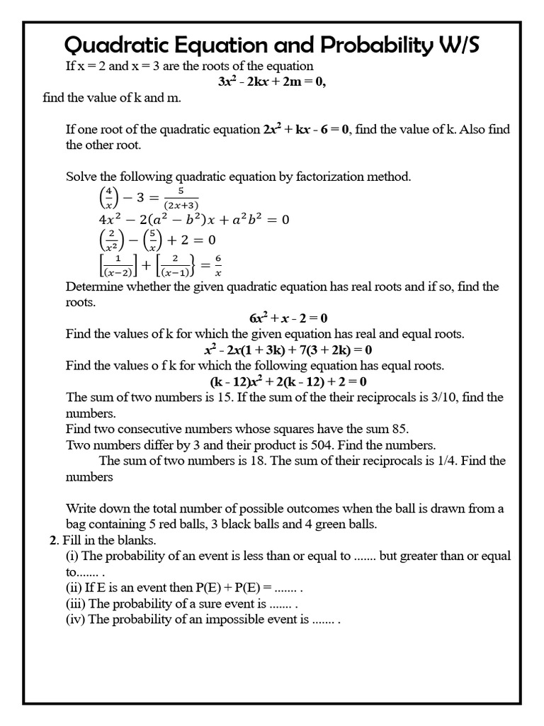 Quadratic Equations and Probability Exercises | PDF | Quadratic ...