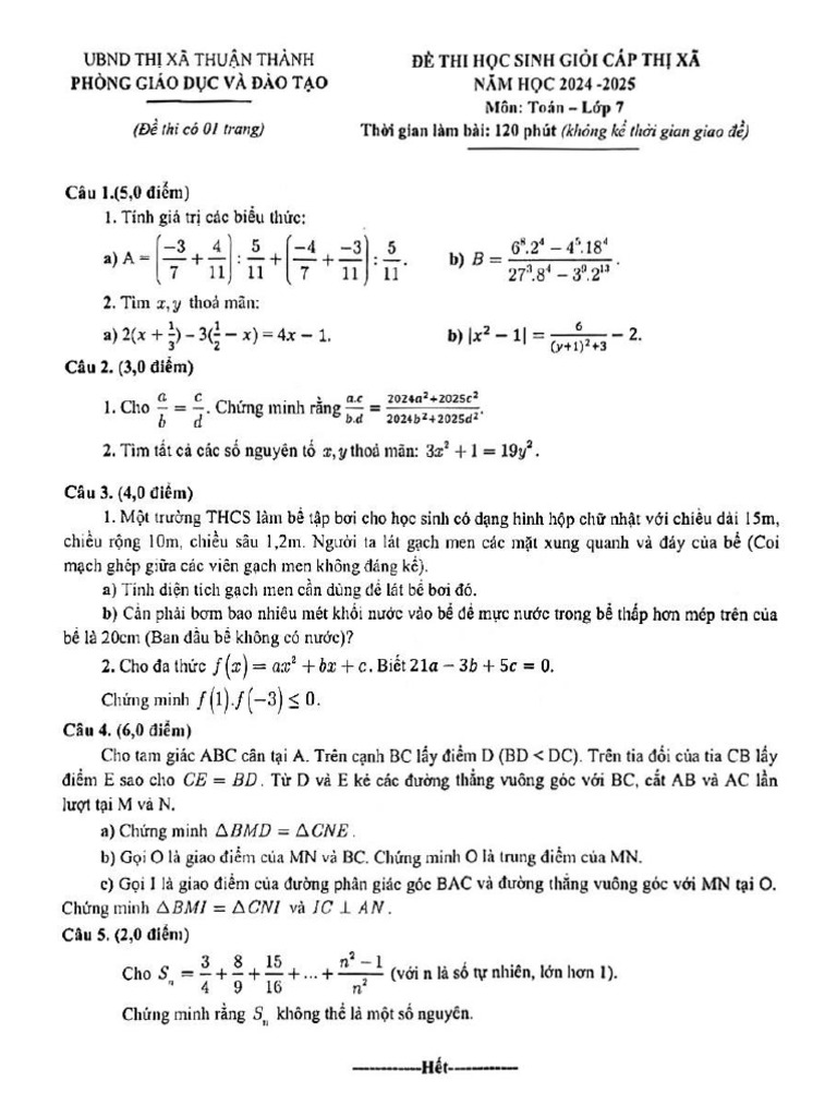 De Hoc Sinh Gioi Toan 7 Nam 2024 2025 Phong GDDT Thuan Thanh Bac Ninh | PDF