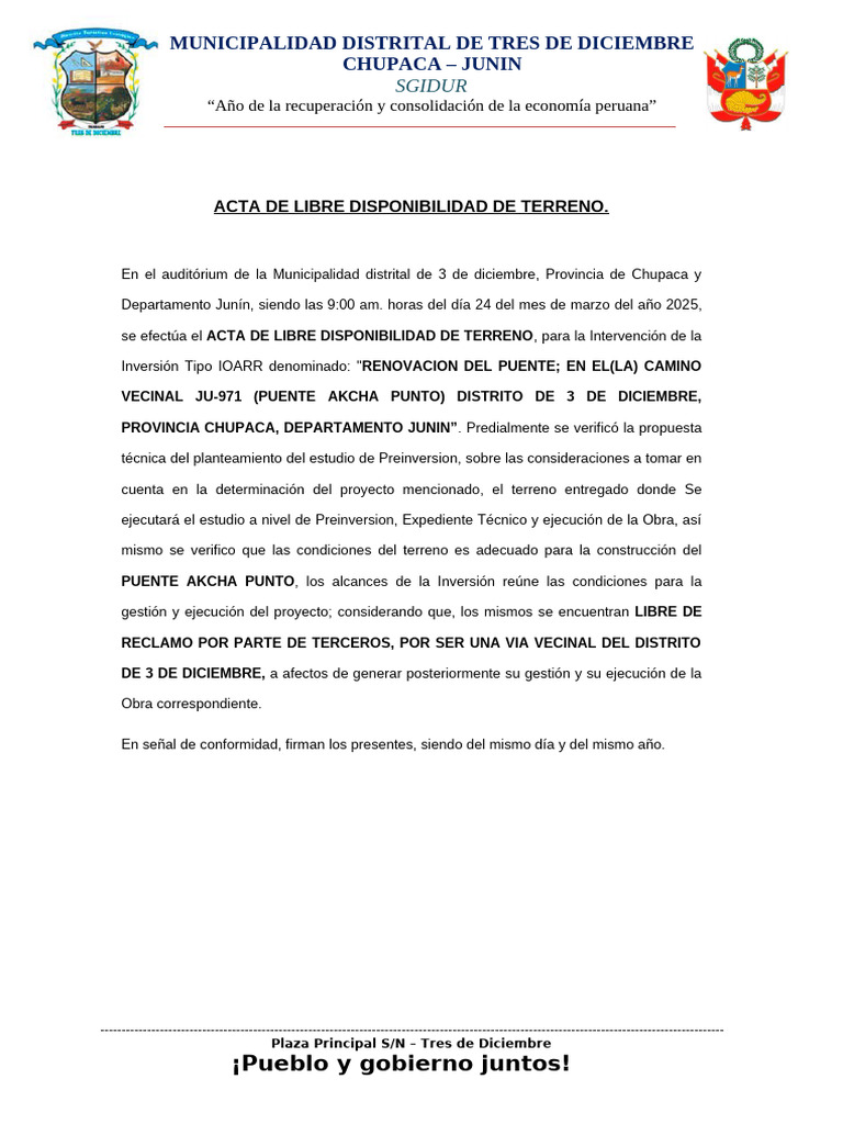 AKCHA PUNTO_ACTA DE LIBRE DISPONIBILIDAD DE TERRENO | PDF