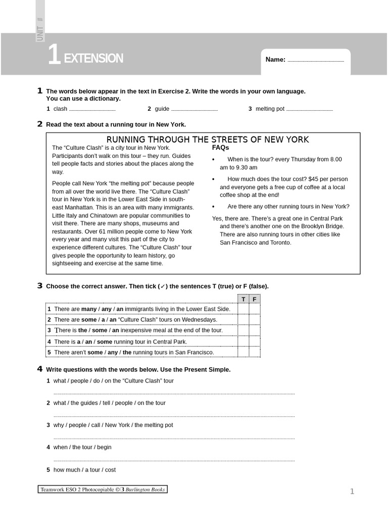 01teamwork2 Extension Unit1 | PDF | New York City