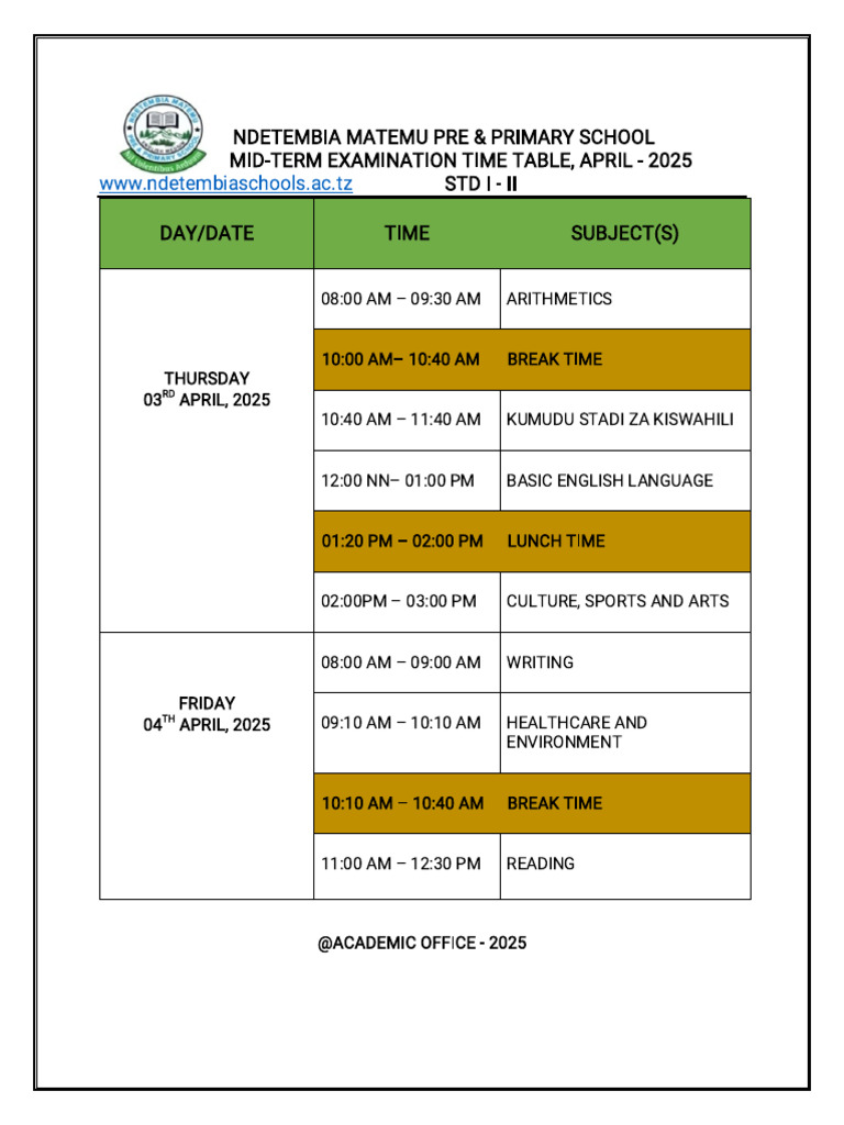 Mid-Term Exams Time Table STD I-II, 2025 | PDF