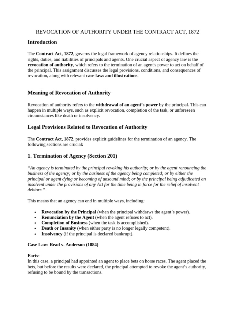 Revocation of Authority Under The Contract Act 1872 | PDF | Law Of ...