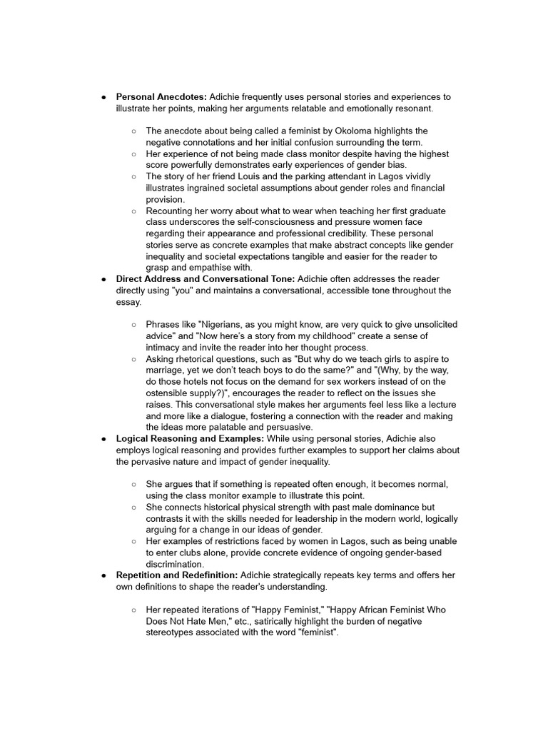 Rhetorical Analysis of Adichie's Feminism | PDF | Gender | Gender Studies