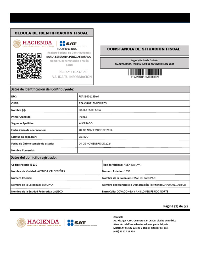 CONSTANCIA DE SITUACION FISCAL SAT. KARLA (3) | PDF | Impuestos | Documentos legales