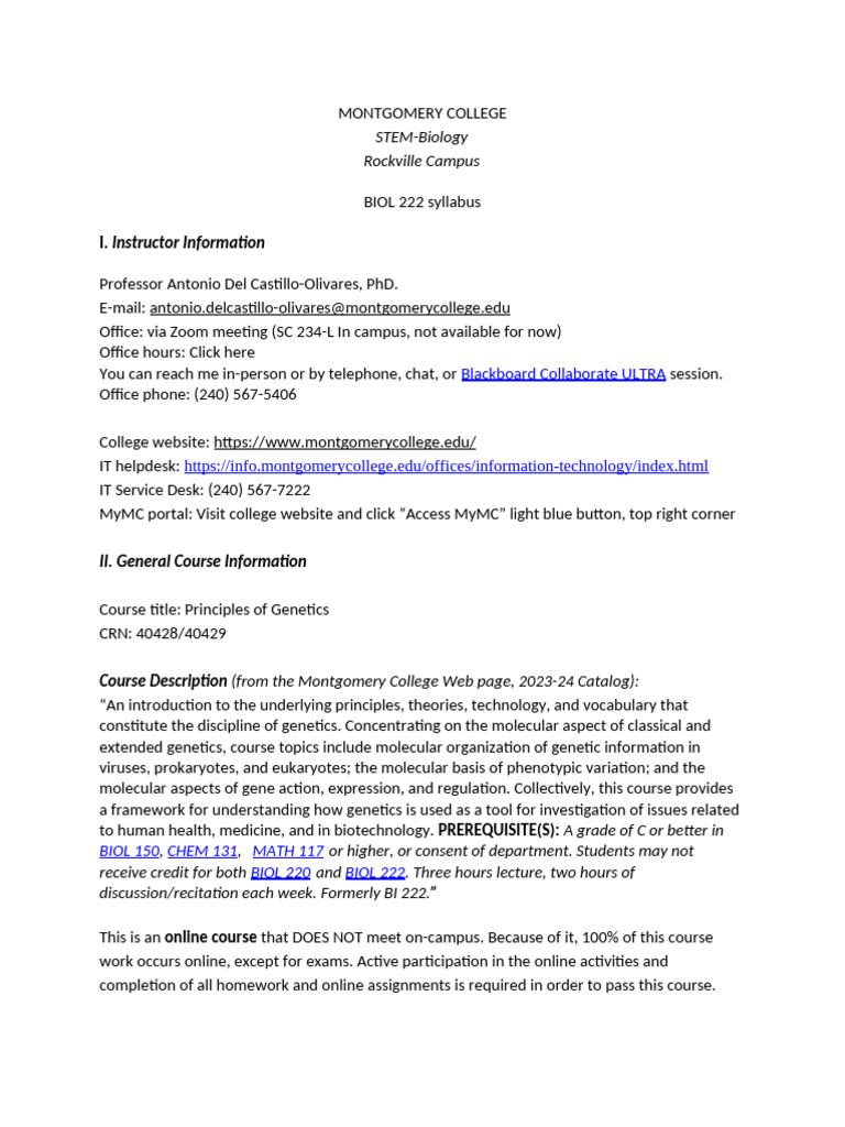 Biol 222 Genetics Syllabus Montgomery College Pdf Gene Genetics