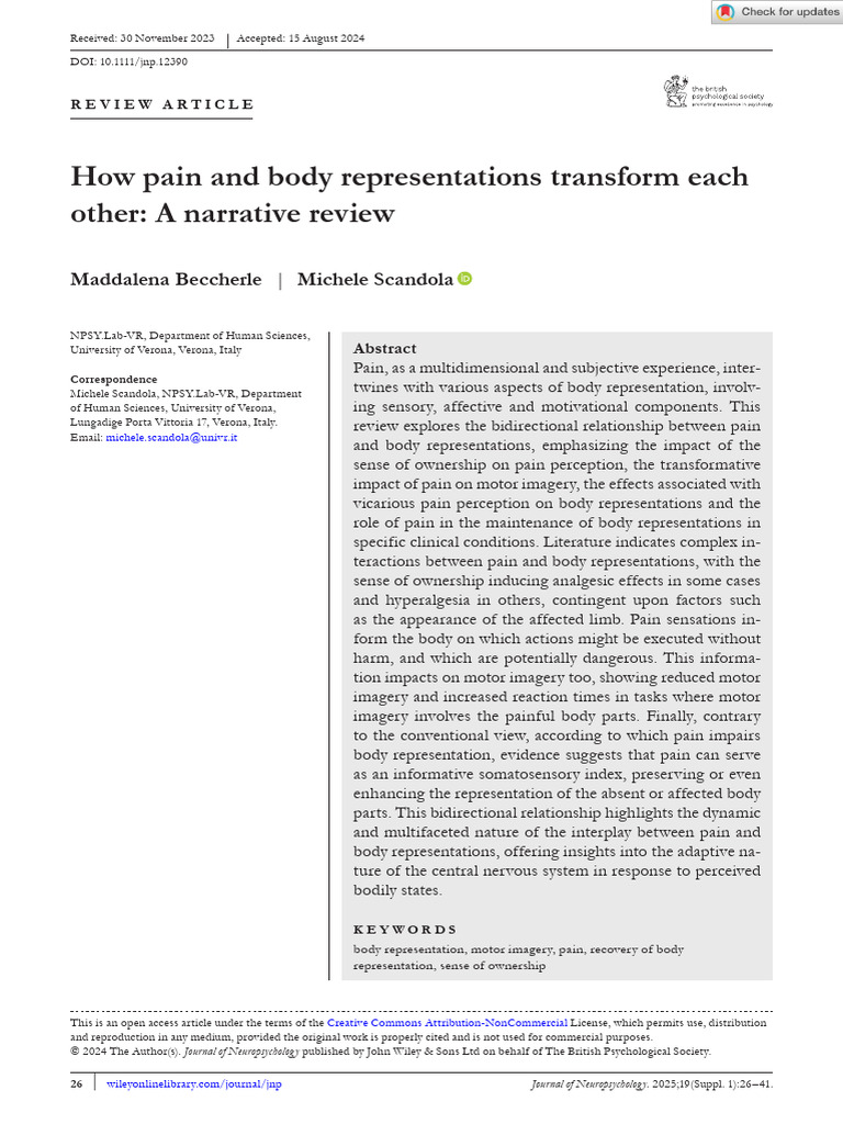 How Pain and Body Representations Transform Each Other A Narrative ...