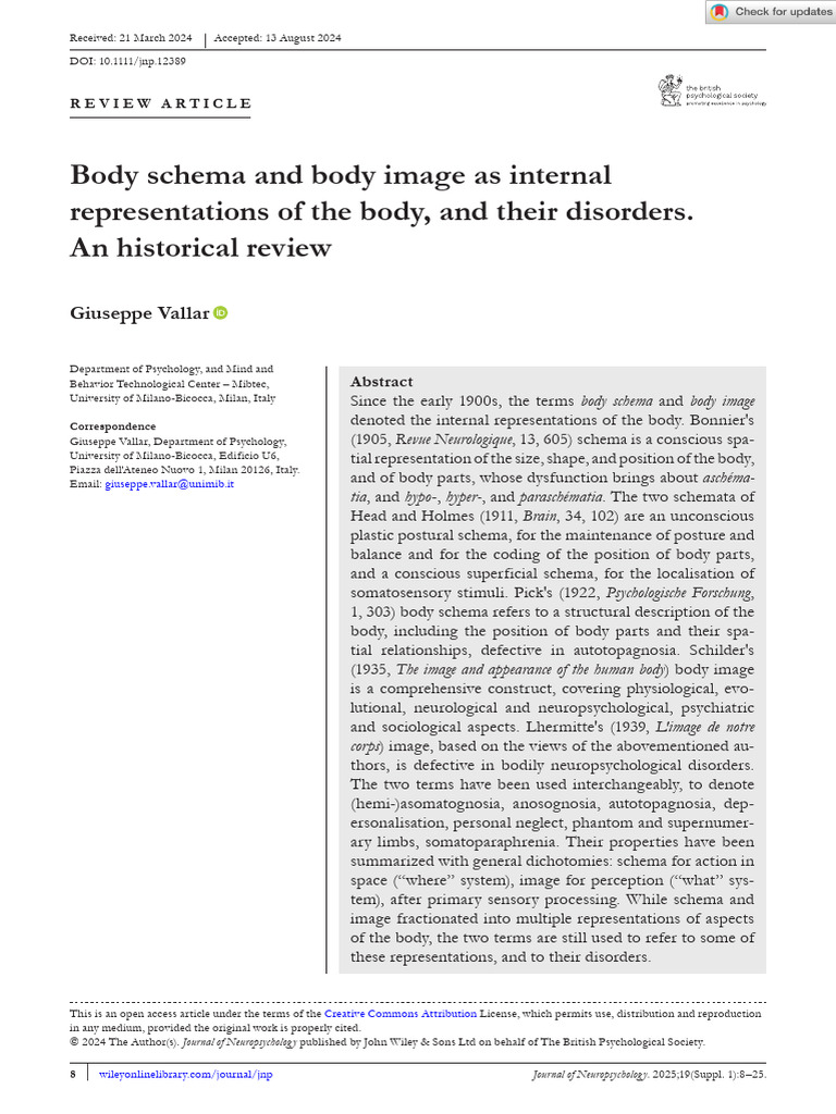 Journal Ofbody Schema and Body Image As Internal Representations of The ...
