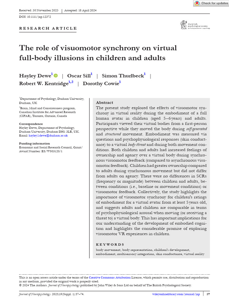 Journal Ofthe Role of Visuomotor Synchrony On Virtual Full Body ...