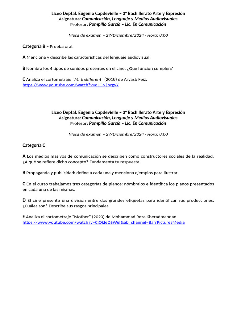 CLYMA - Examen 27-Dic-2024 Cat. B-C-Libre | PDF | Comunicación ...