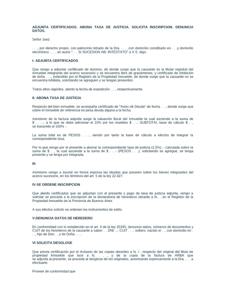 Adjunta Certificados Solicita Inscripcion Decl Herederos Caba | PDF