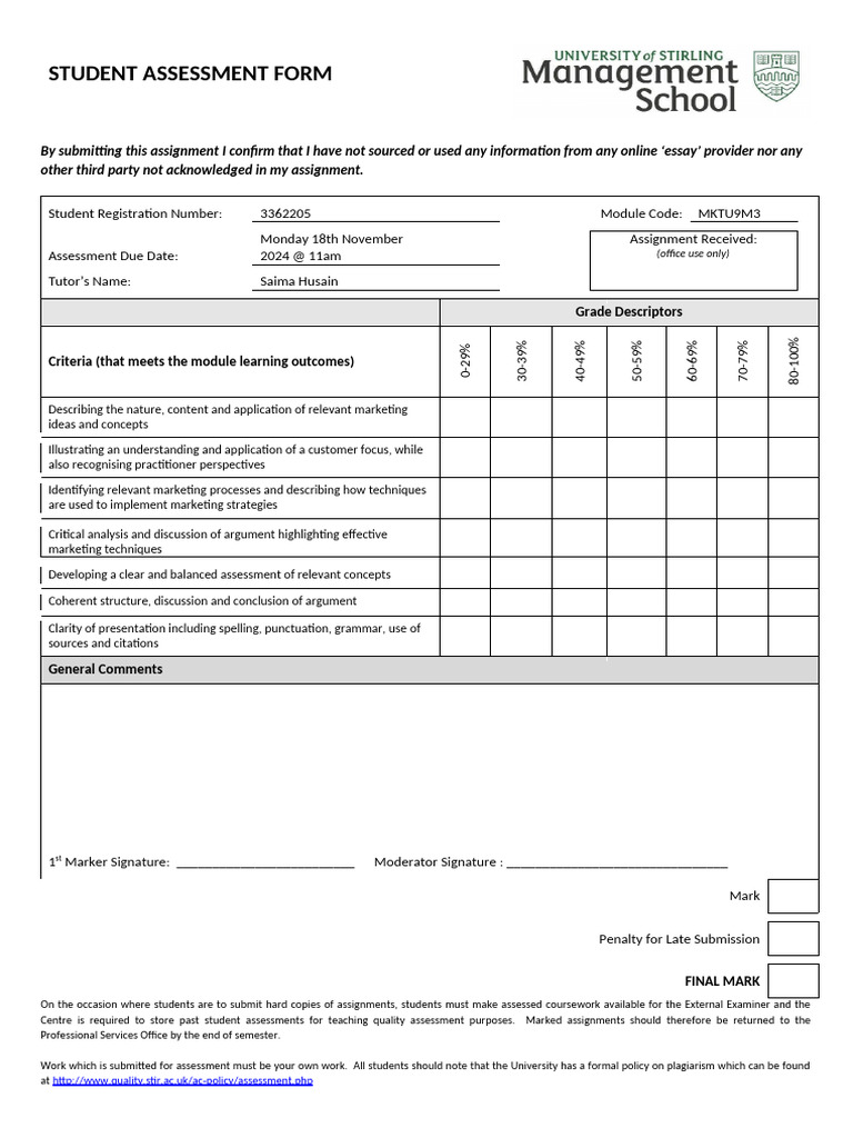 Student Assessment Form for Marketing Module | PDF | Cognition | Human ...