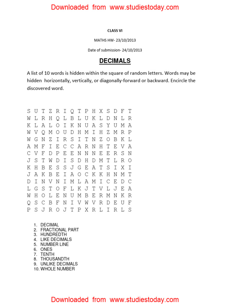 Decimals Word Search for Class VI | PDF