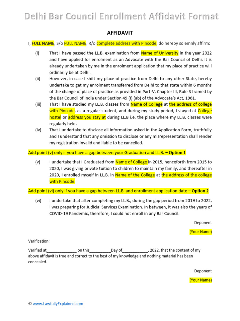 WP Contentuploads202211Delhi Bar Council Enrollment Affidavit Format ...