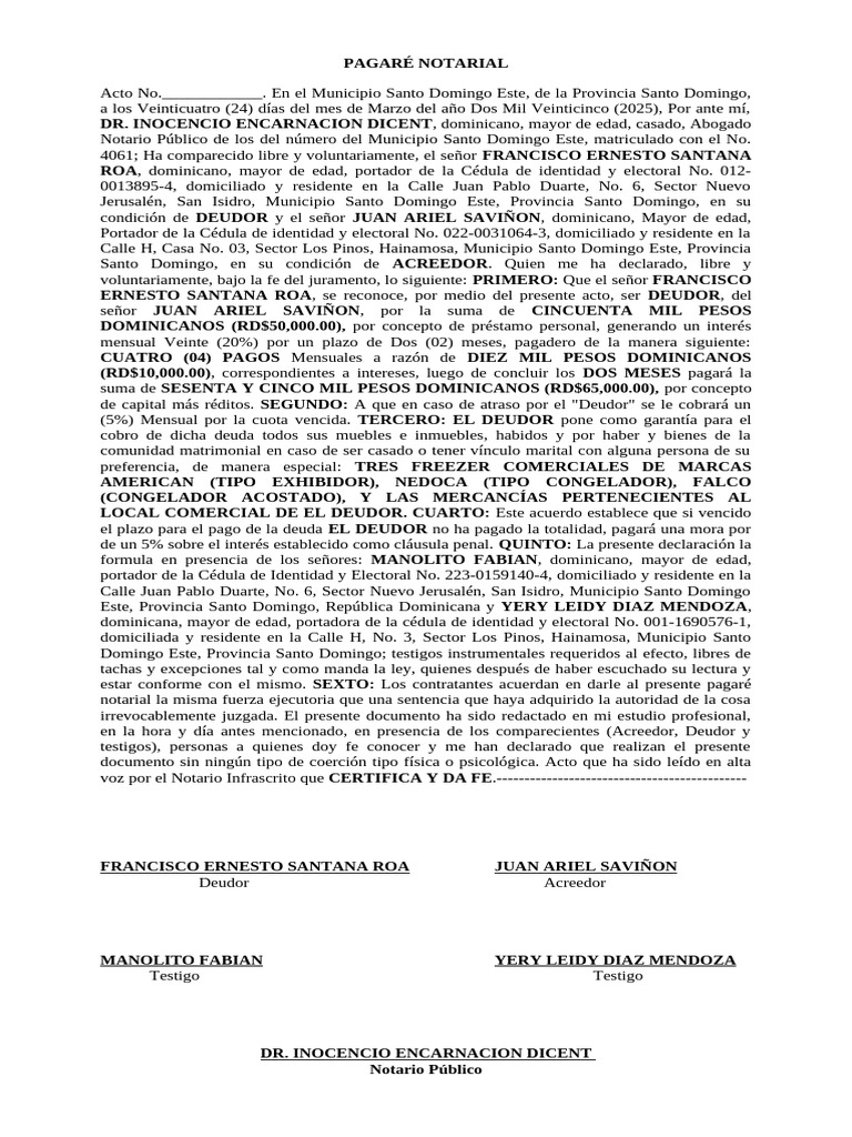 Pagaré Notarial (Francisco Ernesto Santana Roa) | PDF | República ...