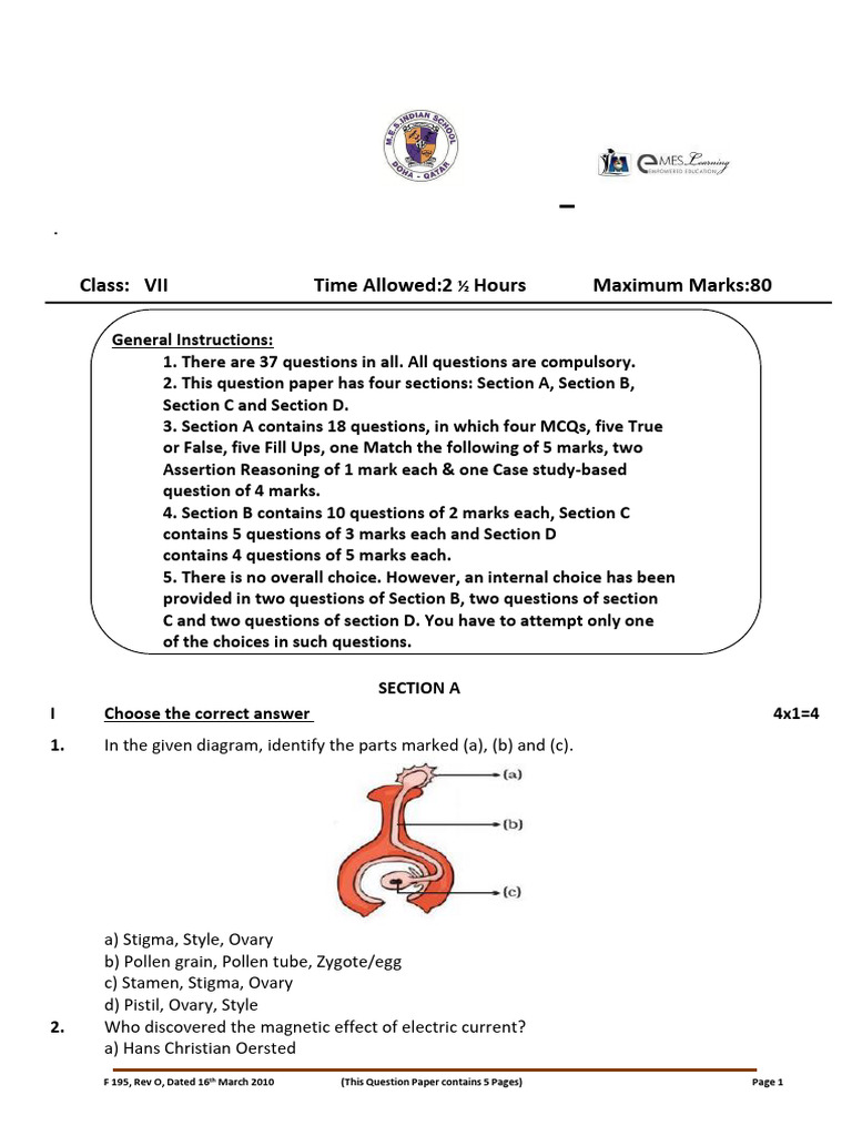 Science Sample Question Paper Class VII | PDF | Blood | Artery