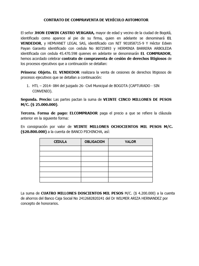 Contrato de Compra Venta de Cesiones HTL | PDF