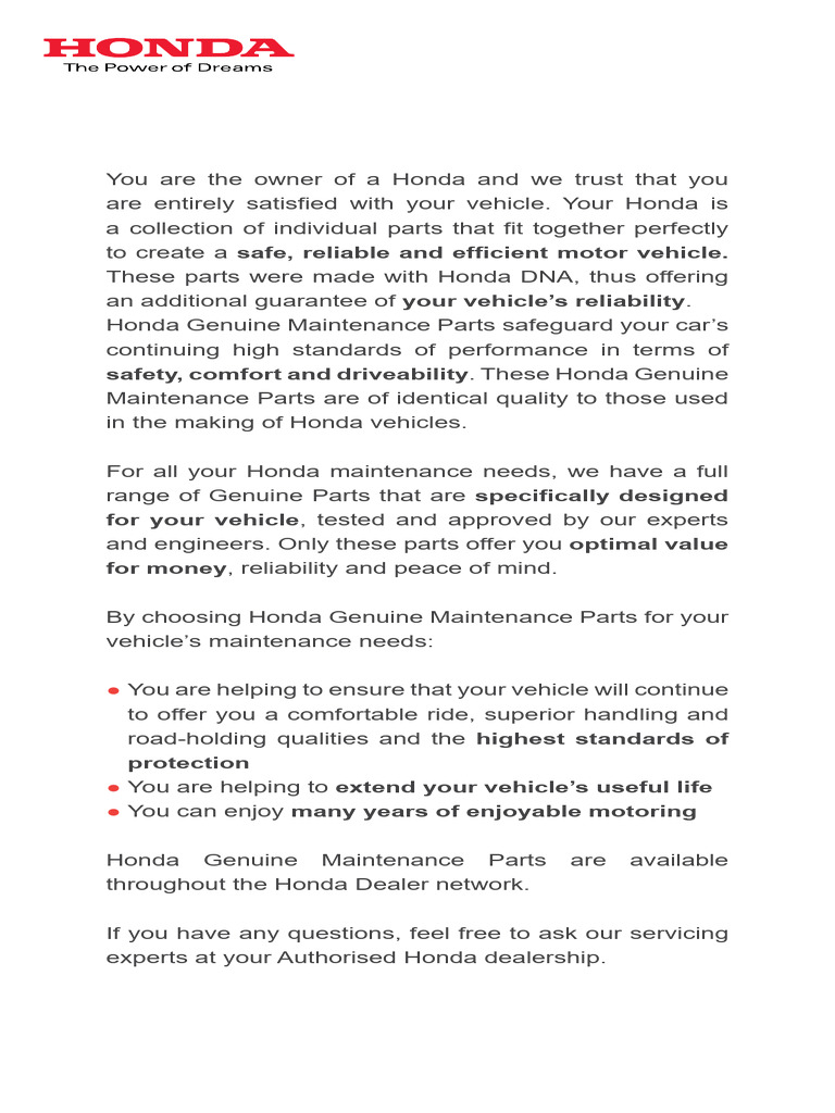 Honda Genuine Parts Leaflet Intro | PDF