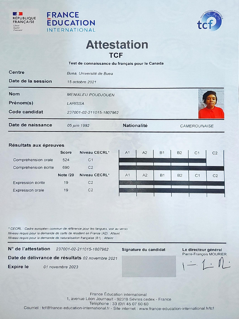 Attestation TCF Menialeu | PDF