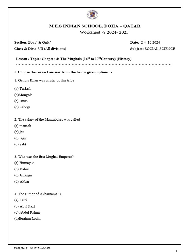 Social Science Worksheet: The Mughals | PDF | Mughal Empire