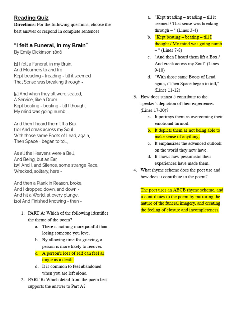 Copy of "I felt a Funeral in my Brain" Reading Quiz | PDF | Poetry