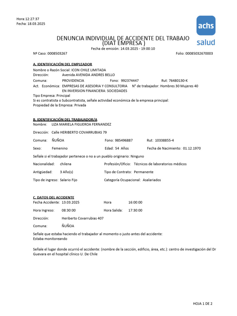 Denuncia Individual de Accidente Del Trabajo (DIAT) de La Empresa | PDF | Economias