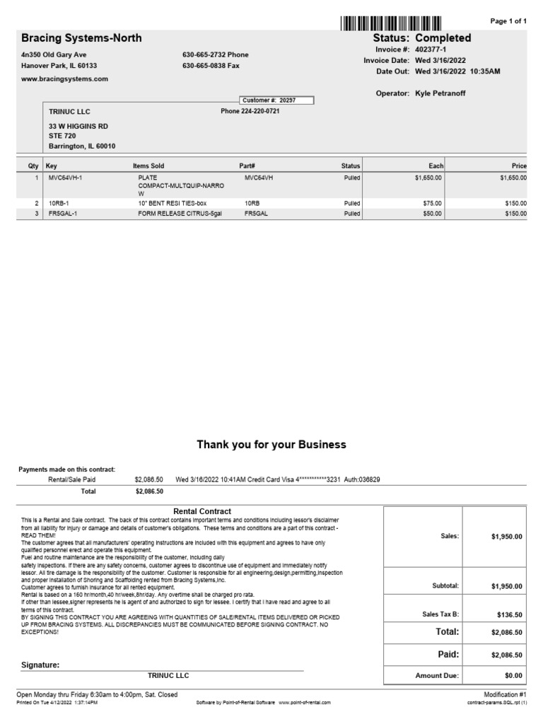 Rental and Sale Invoice for TRINUC LLC | PDF | Business | Payments