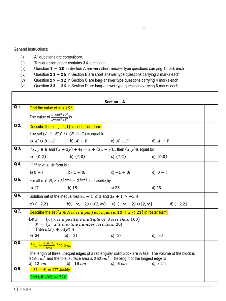 20 09 2019 Class 11 Math Term 1 QP | PDF | Mathematics | Mathematical Concepts