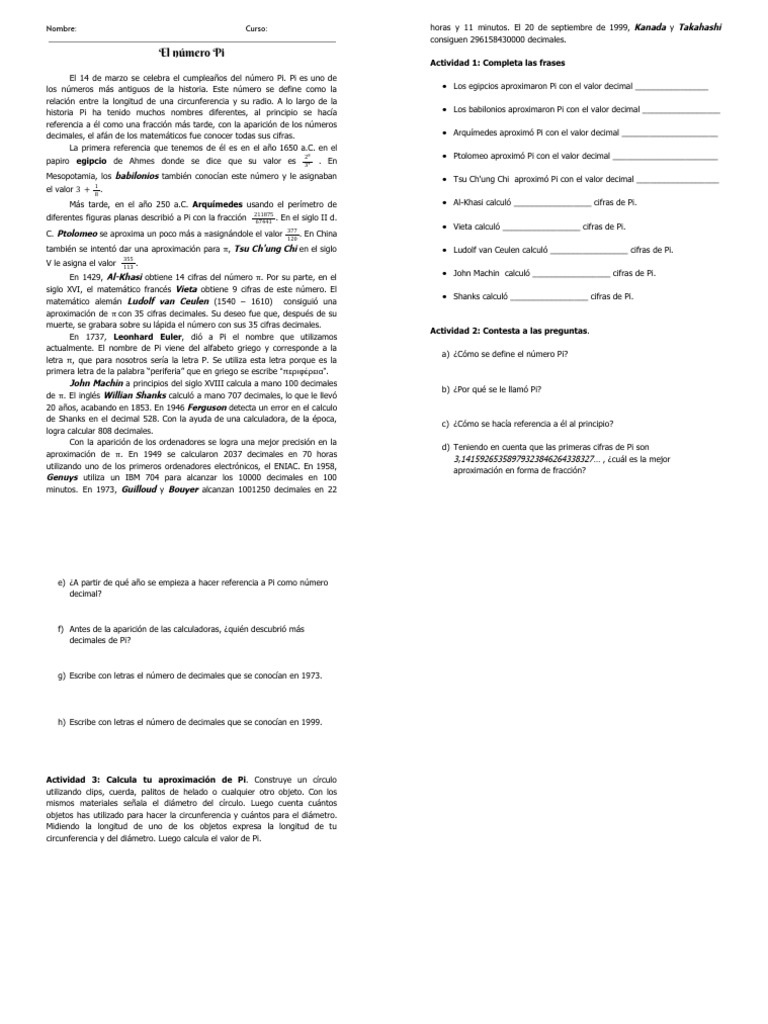 Historia y aproximaciones del número Pi | PDF | Pi | Objetos matemáticos