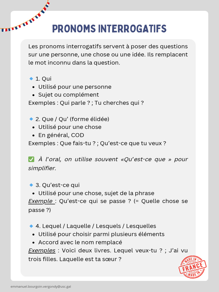 Grammaire - Pronoms Interrogatifs | PDF | Pronom | Sujet (Grammaire)