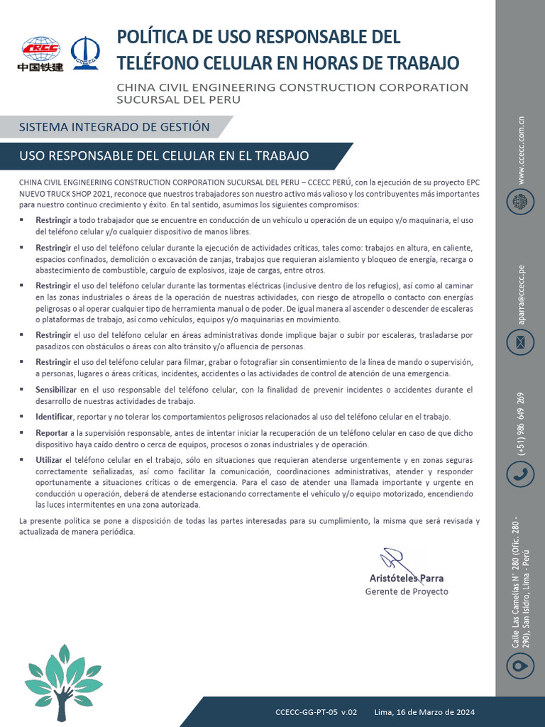 CCECC-GG-PT-05 v02 Política de Uso Responsable Del Celular en El Trabajo | PDF | Teléfonos móviles