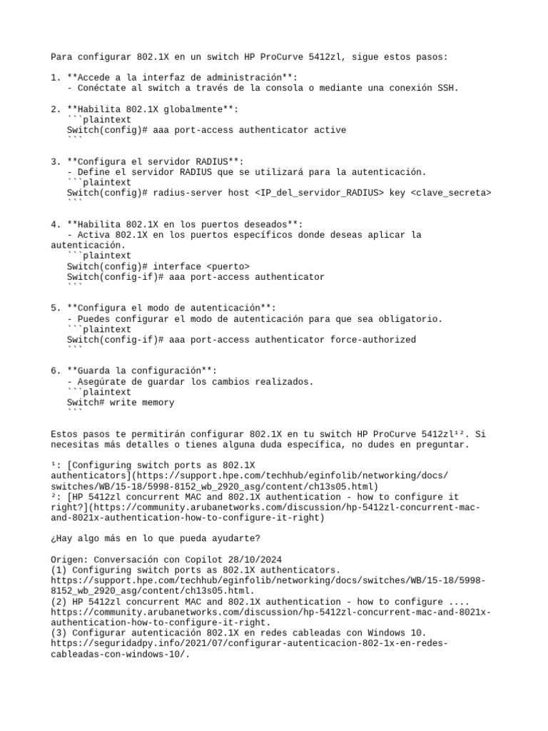 Configuracion 802.1X en Switch HP ProCurve 5412zl | PDF