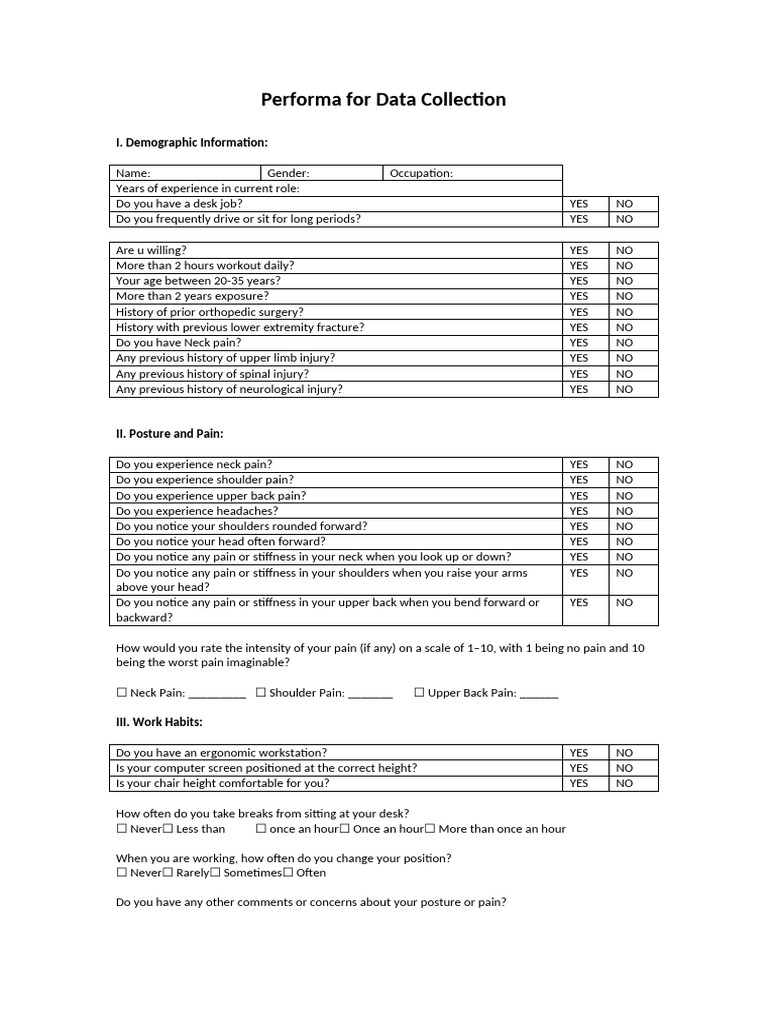 Performa For Data Collection | PDF | Pain | Back Pain