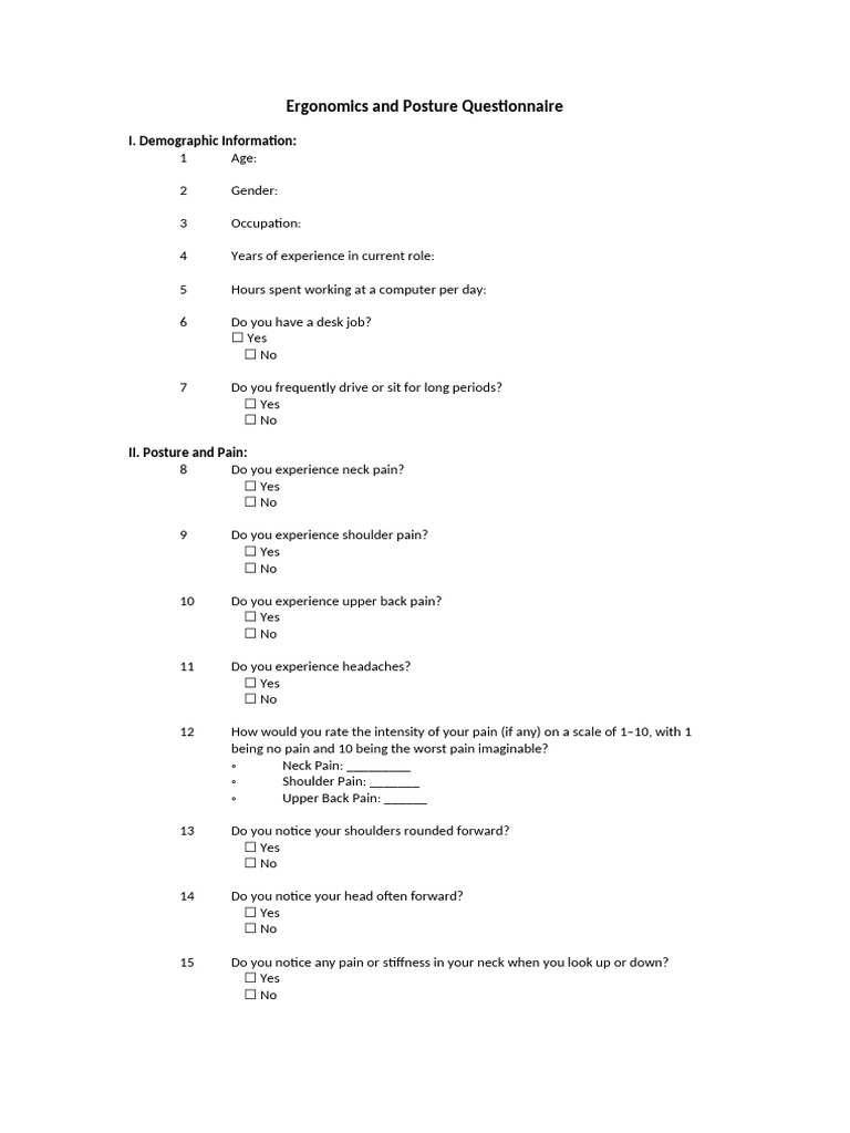 Ergonomics and Posture Questionnaire | PDF | Pain | Clinical Medicine
