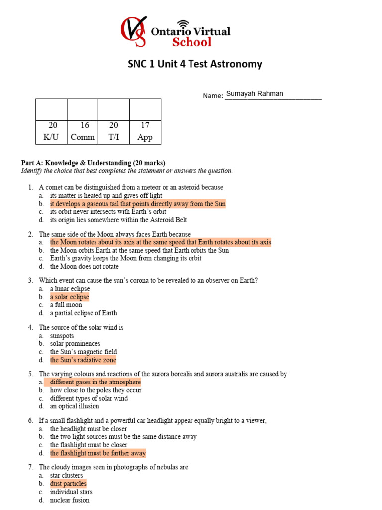 Astronomy Unit 4 Test Questions | PDF | Earth | Sun