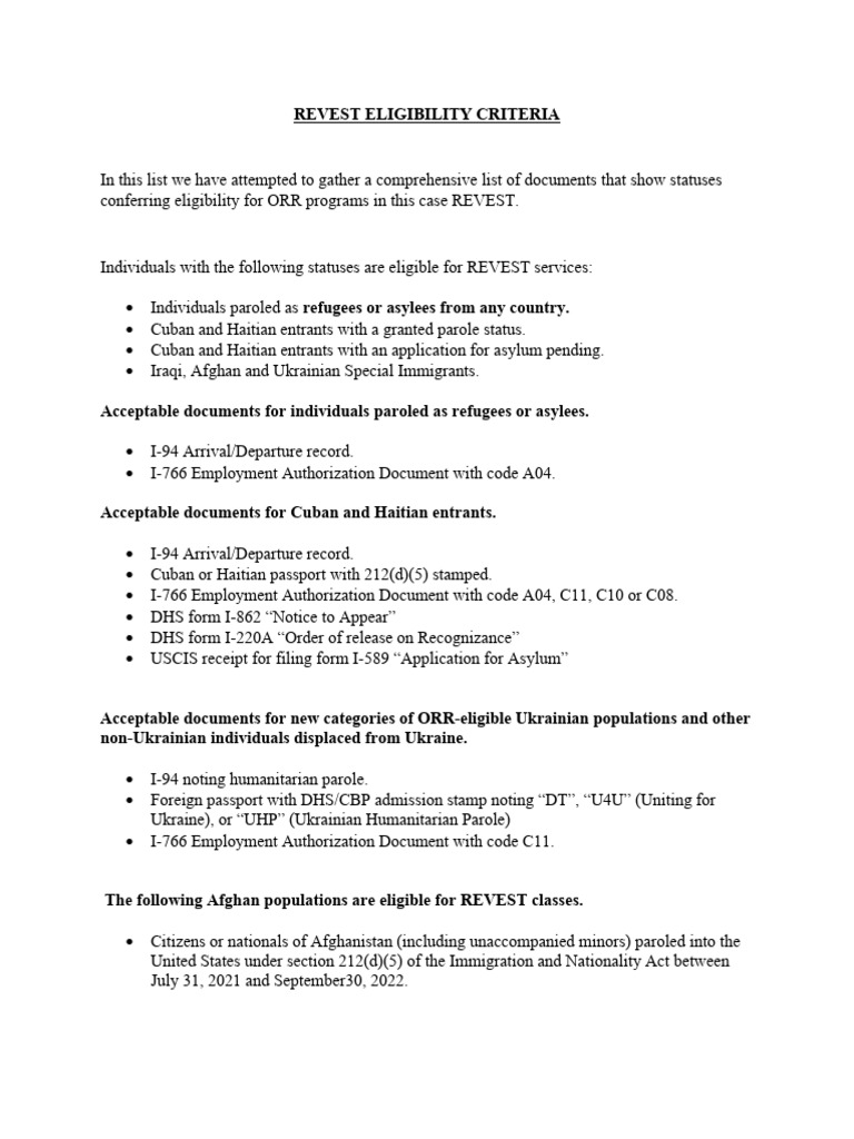 Revest Eligibility Criteria | PDF