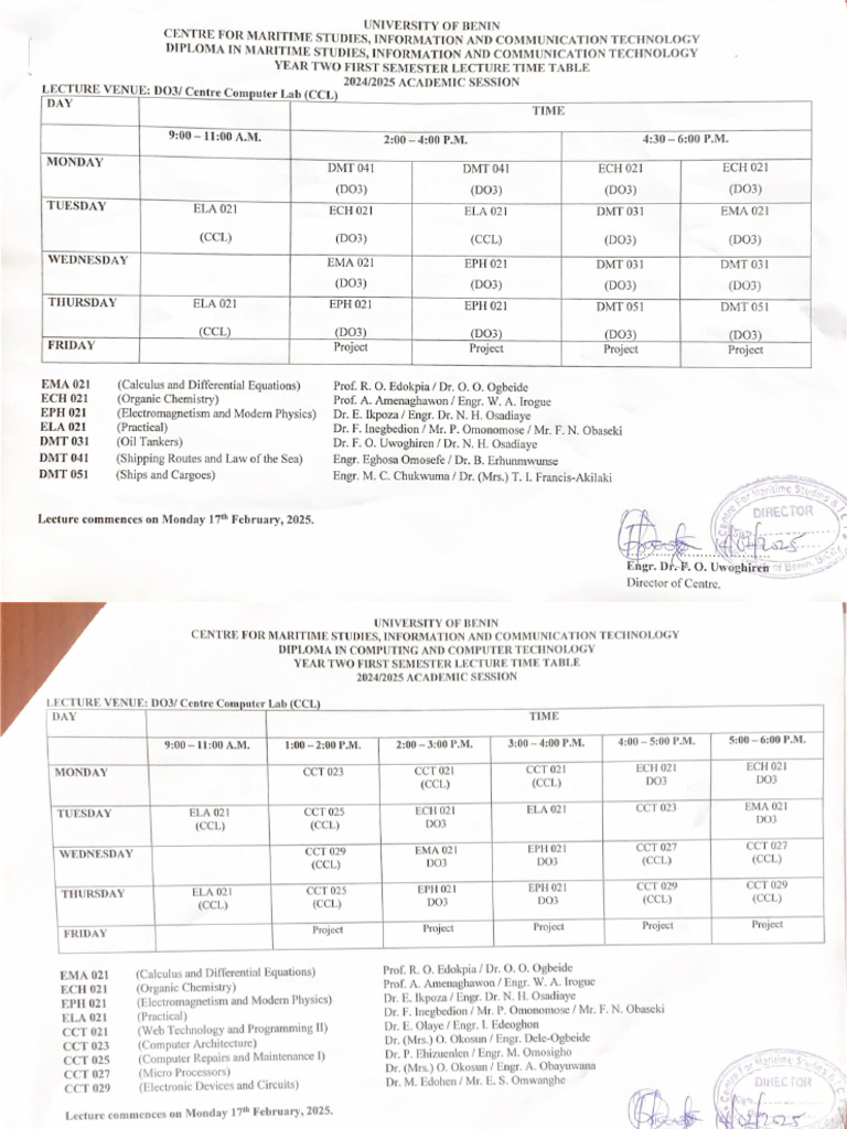 Year 2 Lecture Time Table! | PDF