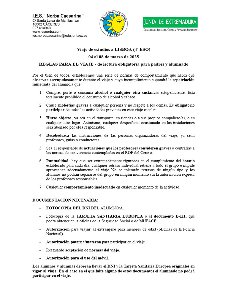 LISBOA NORMAS Excursion | PDF