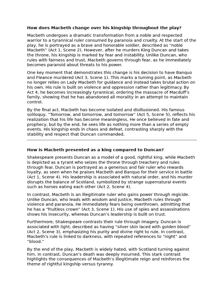How Does Macbeth Change Over His Kingship Throughout The Play | PDF | Macbeth | Shakespearean ...