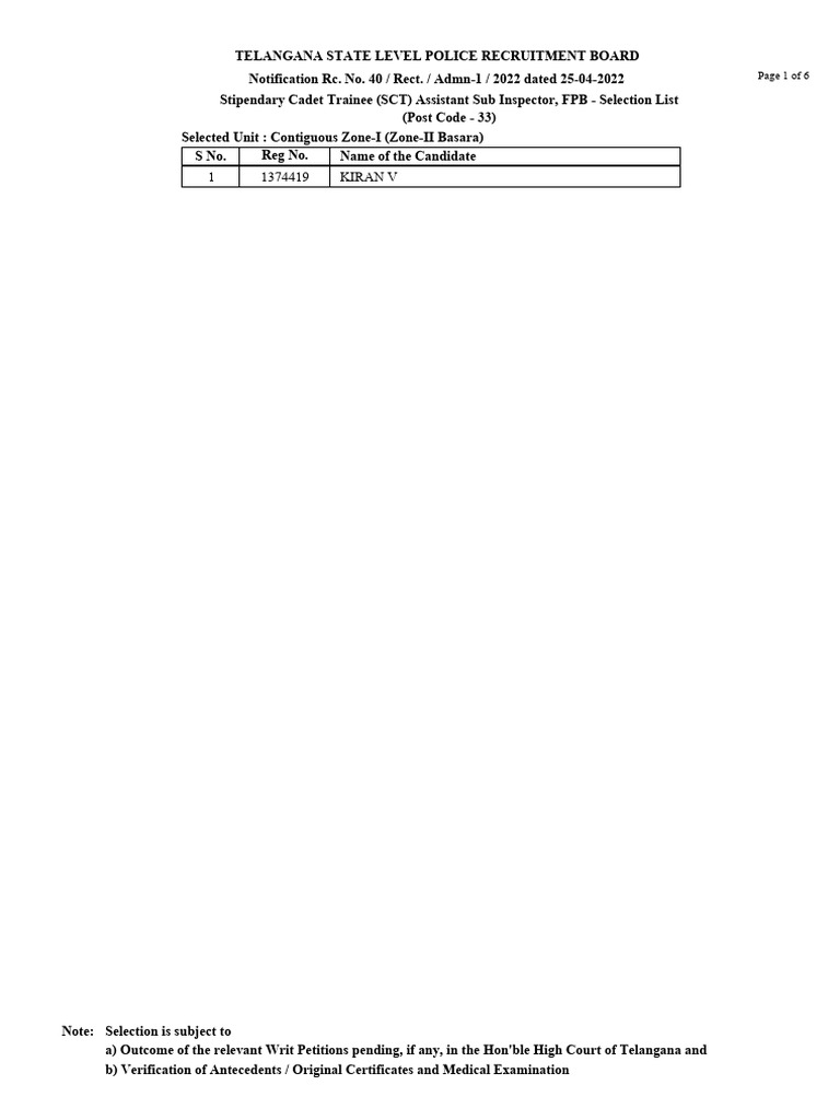 Telangana Police SCT ASI Selection List | PDF | Ranks | Law Enforcement