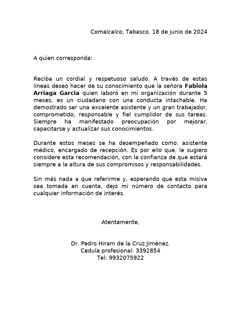 Carta Recomend Tía Fabi | PDF