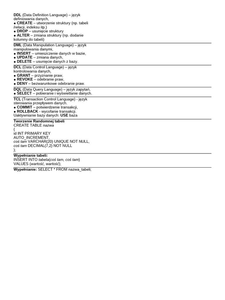 Bazy Danych 1 SQL Podstawy | PDF