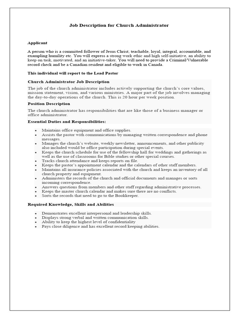 Church Administrator Job Overview | PDF