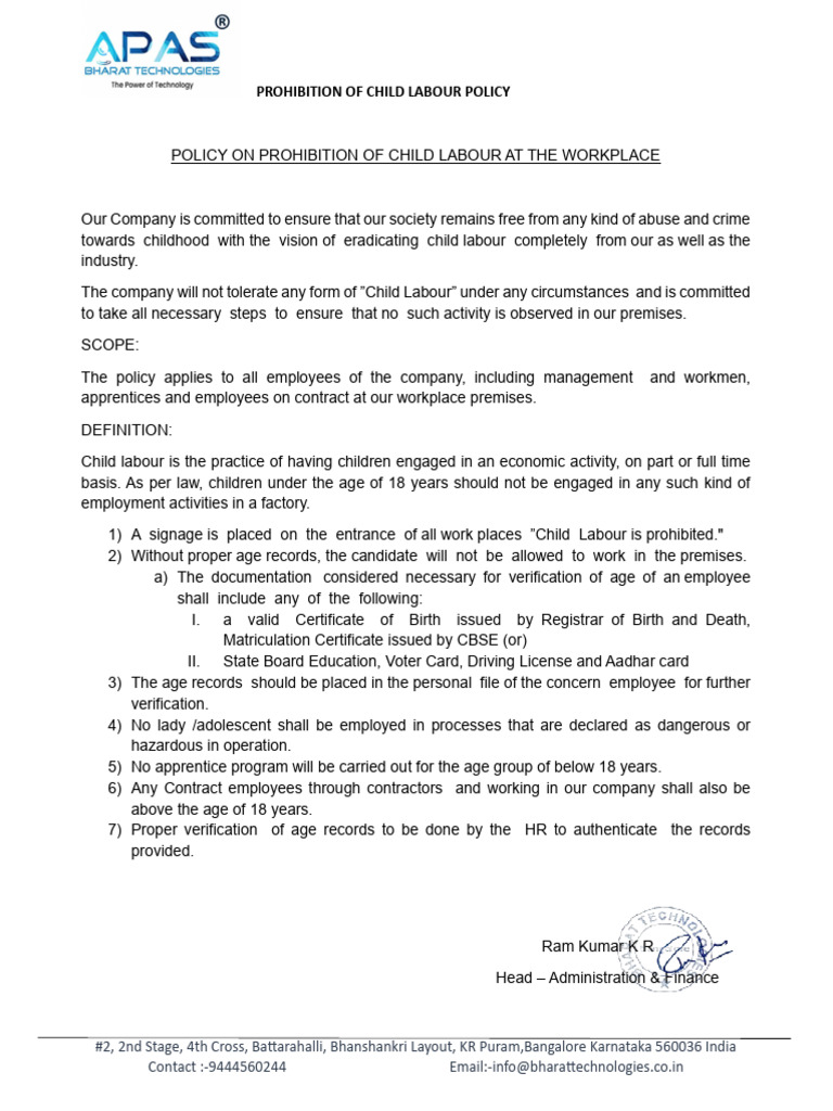 Prohibition of Child Labour Policy | PDF